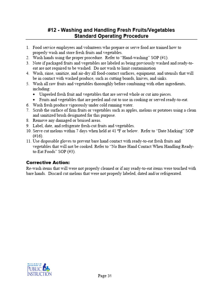 Washing and Handling Fresh Fruits Vegetables Sop | PDF