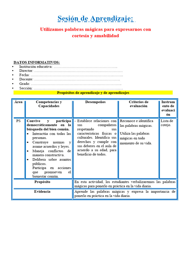 1° Sesión Día 1 PS Utilizamos Palabras Mágicas para Expresarnos Con ...