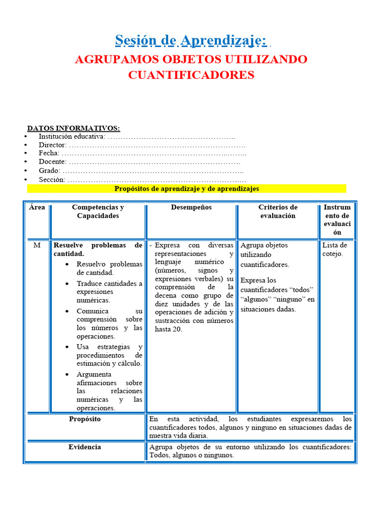 1° Sesión Día 2 Mat Agrupamos Objetos Utilizando Cuantificadores | PDF | Evaluación