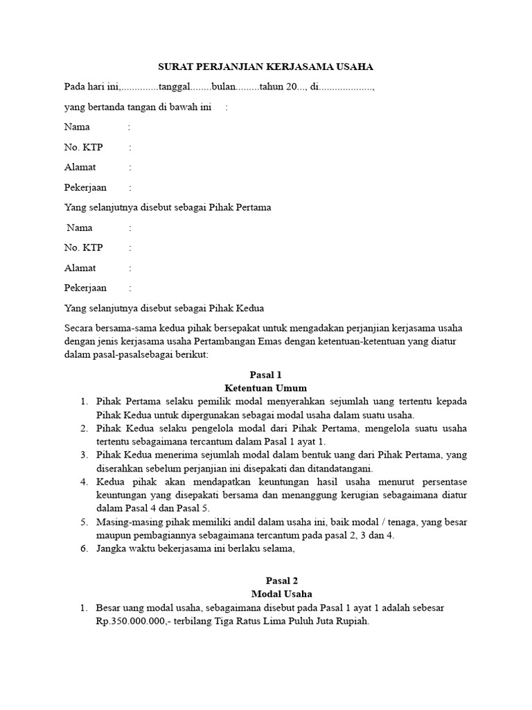 Surat Perjanjian Kerja Sama Usaha | PDF