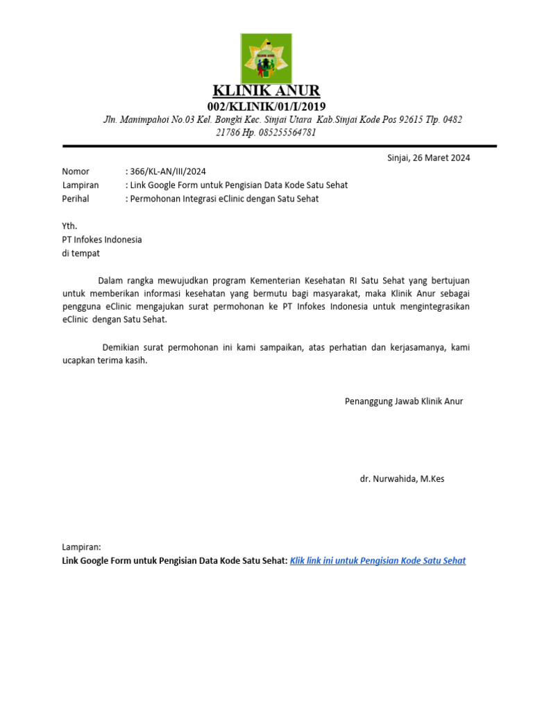 (SAMPLE) Surat Permohonan Integrasi Epuskesmas Dengan Satu Sehat | PDF