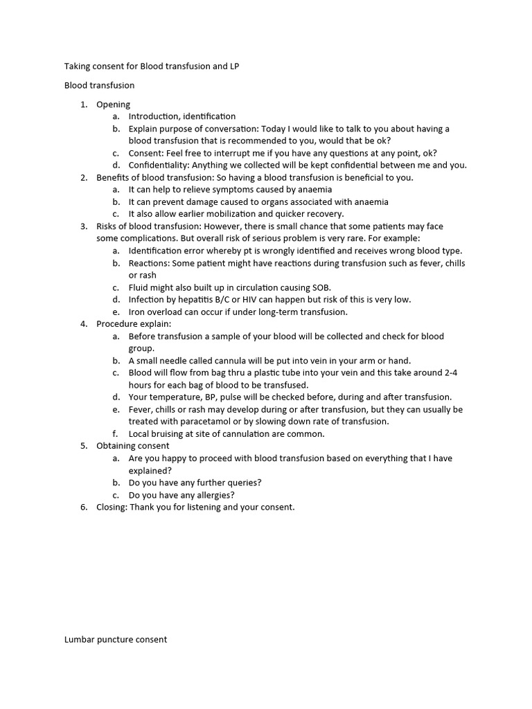 Blood Transfusion & Lumbar Puncture Consent Guide | PDF | Blood ...