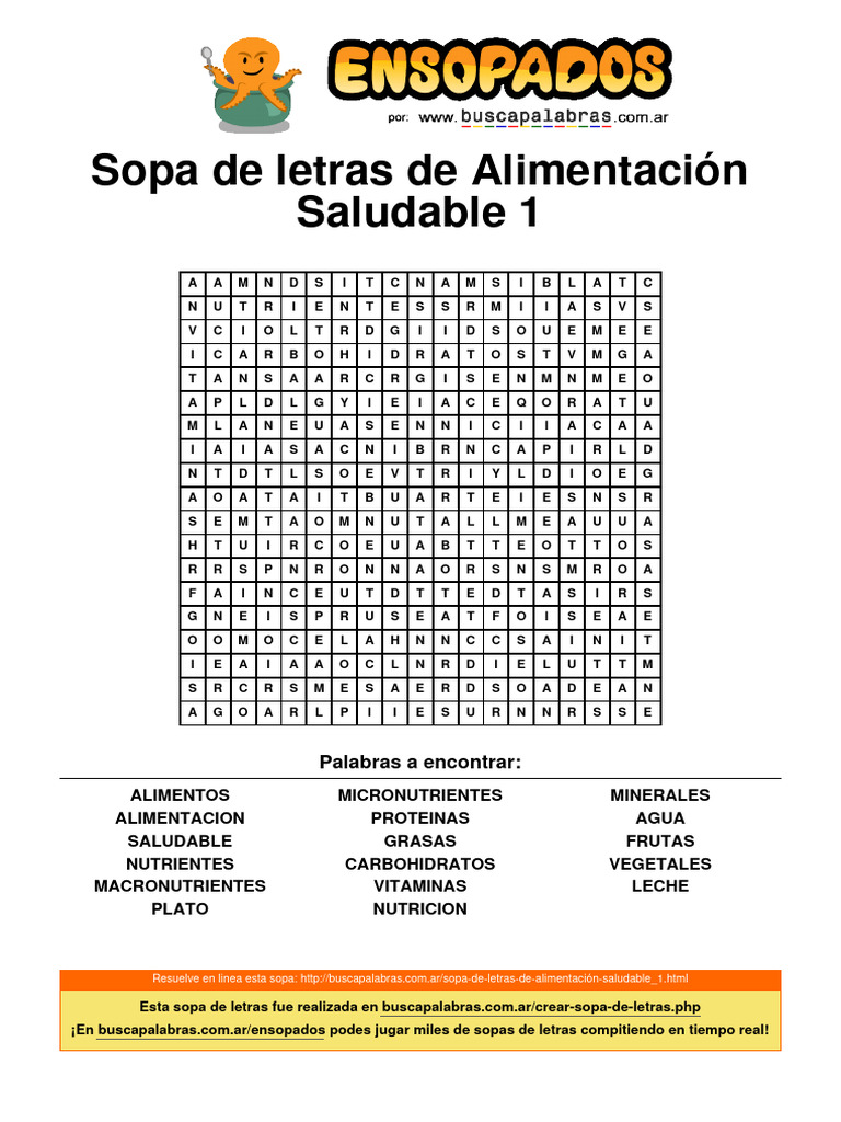Sopa de Letras: Alimentación Saludable | PDF