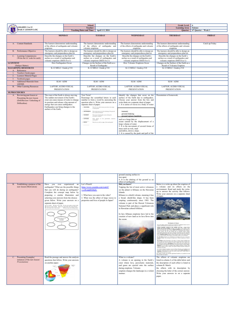 Q4 Science 6 Week 1 | PDF | Volcano | Types Of Volcanic Eruptions