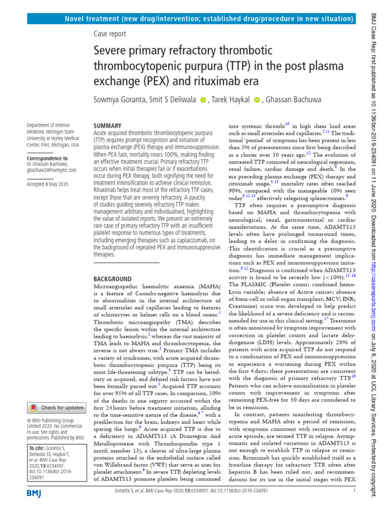 Severe Primary Refractory Thrombotic Thrombocytopenic Purpura | PDF ...