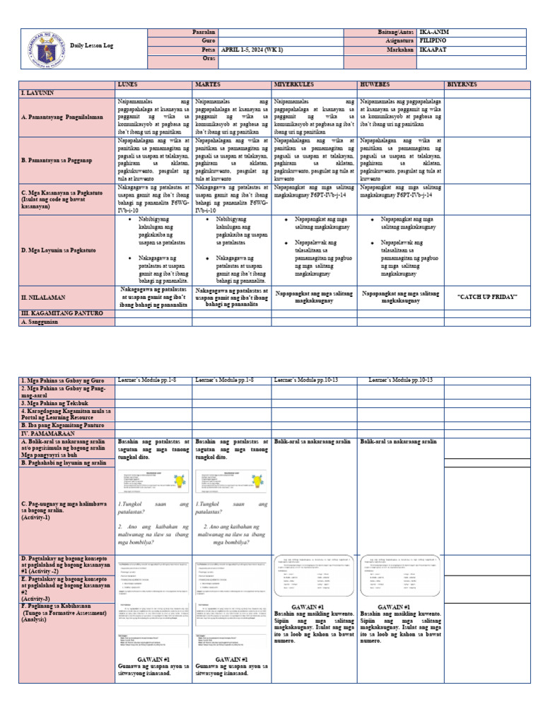 GR 6 DLL Filipino WK 1 QTR 4 | PDF
