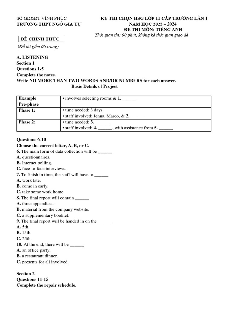 De Thi HSG Tieng Anh 11 Lan 1 Nam 2023 2024 Truong THPT Ngo Gia Tu Vinh Phuc | PDF | Copyright ...