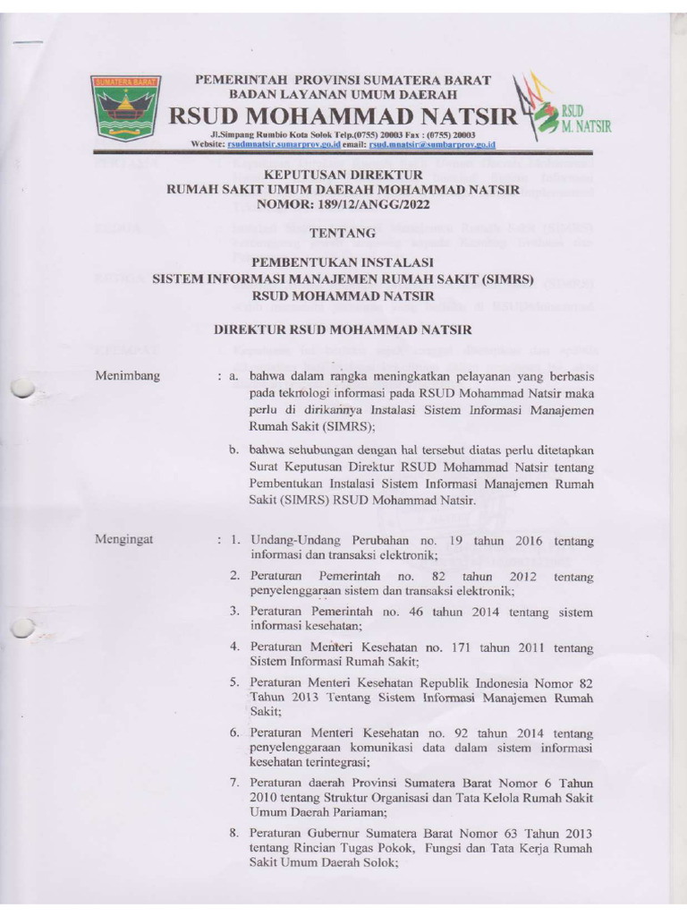 SK Instalasi SIMRS RSMN Compressed | PDF