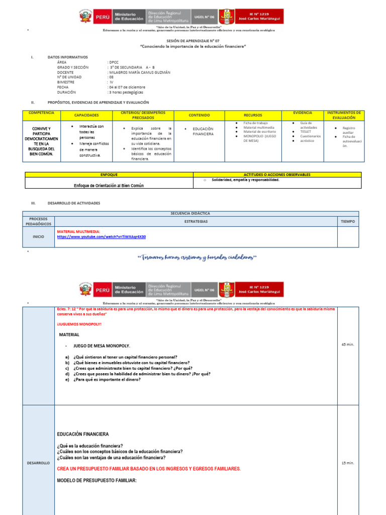 Sesión de Aprendizaje 07 DPCC U8 JCM | PDF