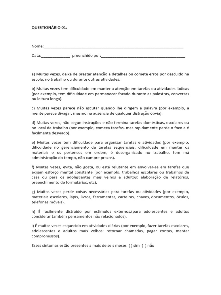 Questionário para Tdah | PDF