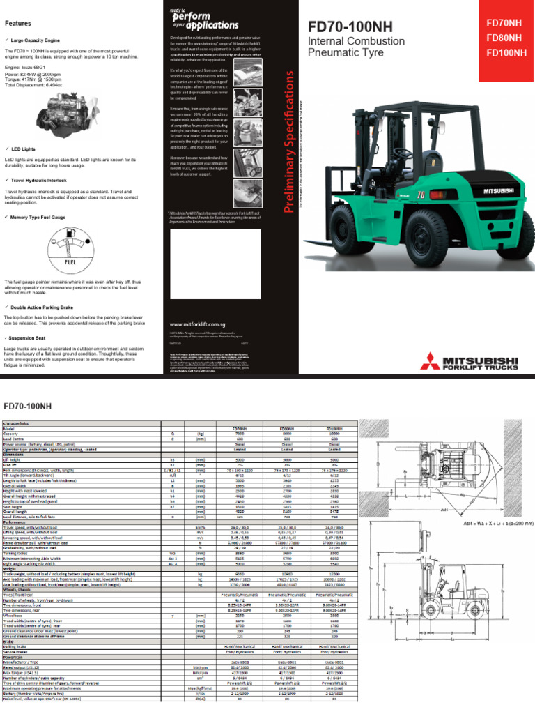 Mitsubishi FD70-100NH Specifications | PDF | Forklift | Truck