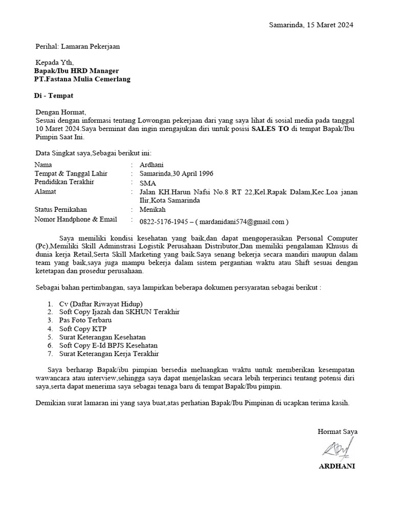 Surat Lamaran Fastana | PDF