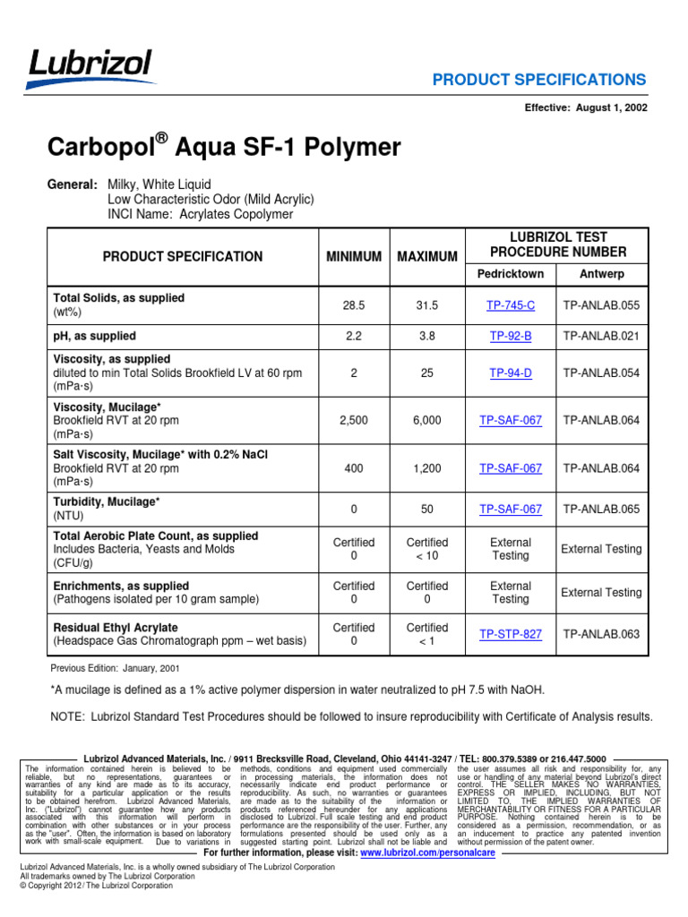 SPEC Carbopol Aqua SF | PDF | Viscosity | Materials Science