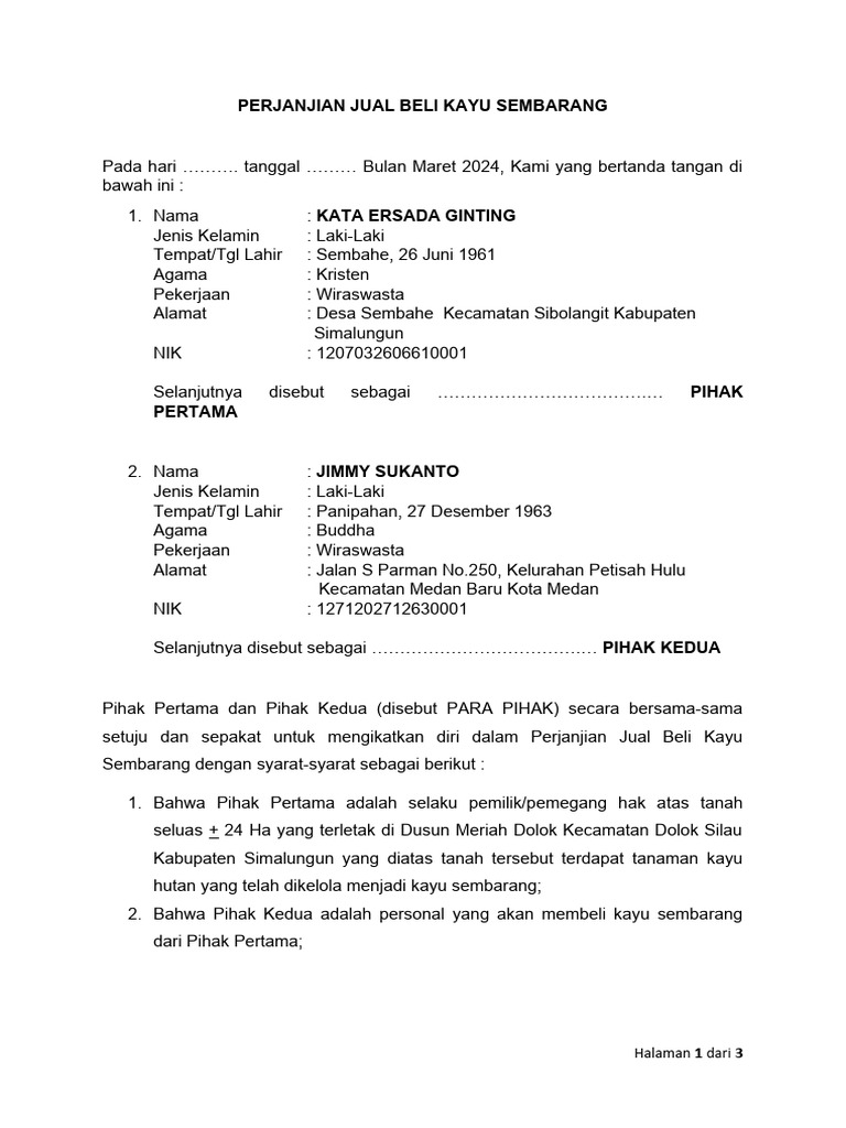 Perjanjian Jual Beli Kayu Sembarang - 050700 | PDF
