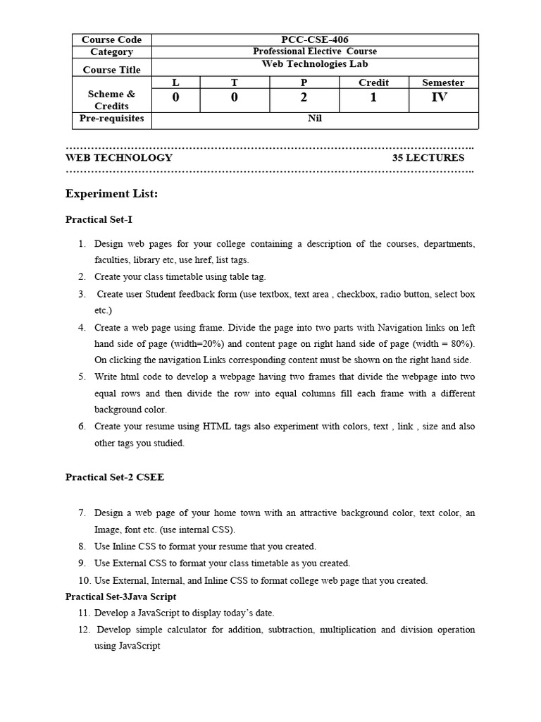 Web Technologies Lab Course Guide | PDF | Html | Xml