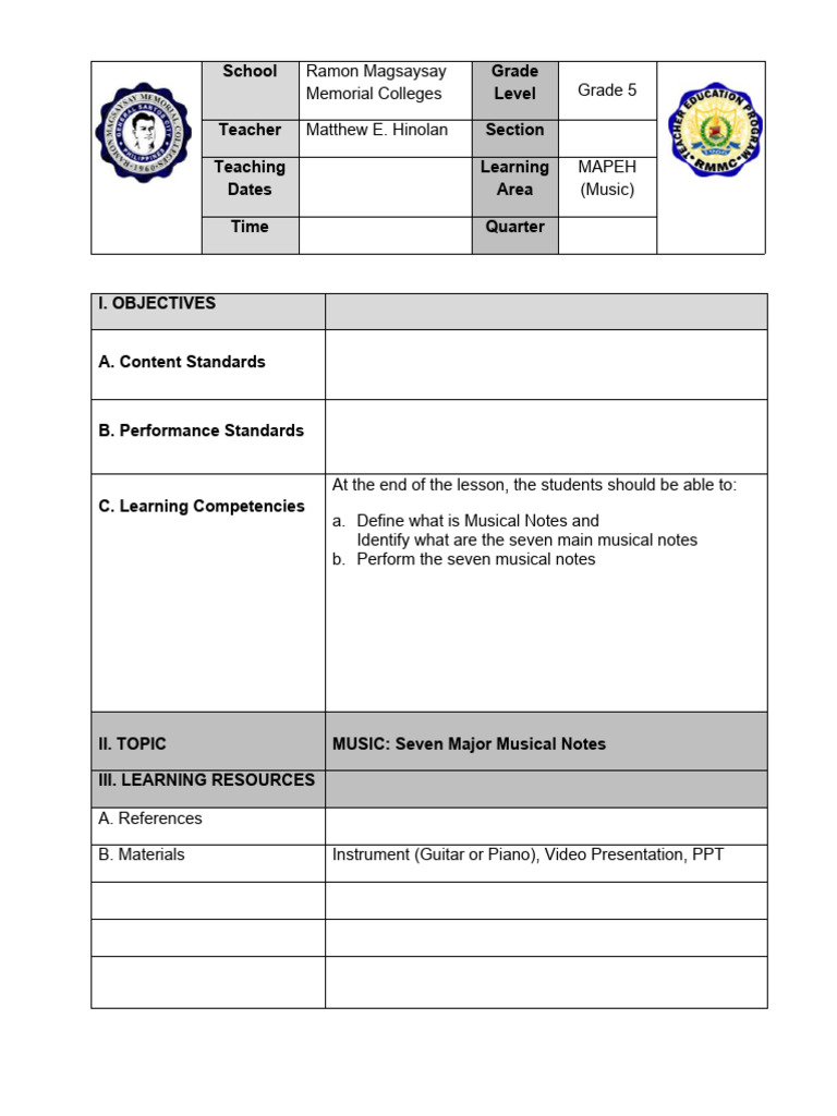 Hinolan Matt Music Lesson Plan | PDF | Pitch (Music) | Teachers