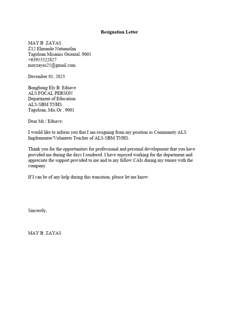 Sample Resignation Letter | PDF