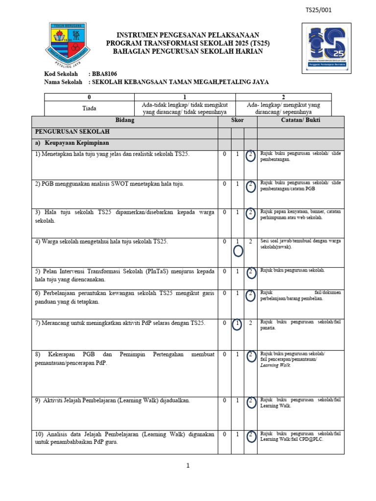 Intrumen Pengesanan Pelaksanaan TS25 | PDF