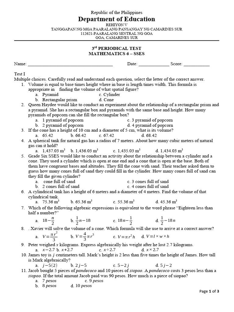 Mathematics 6 Periodical Test Guide | PDF | Area | Volume
