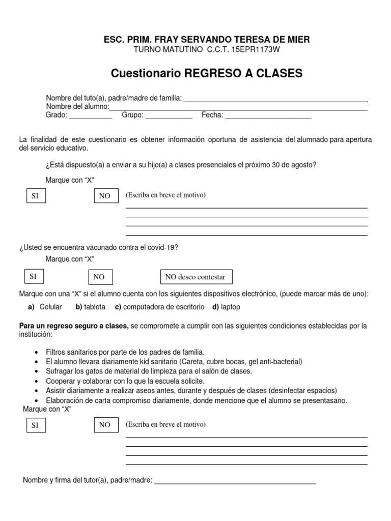 Cuestionario Regreso A Clases 30 Ago 21 | PDF
