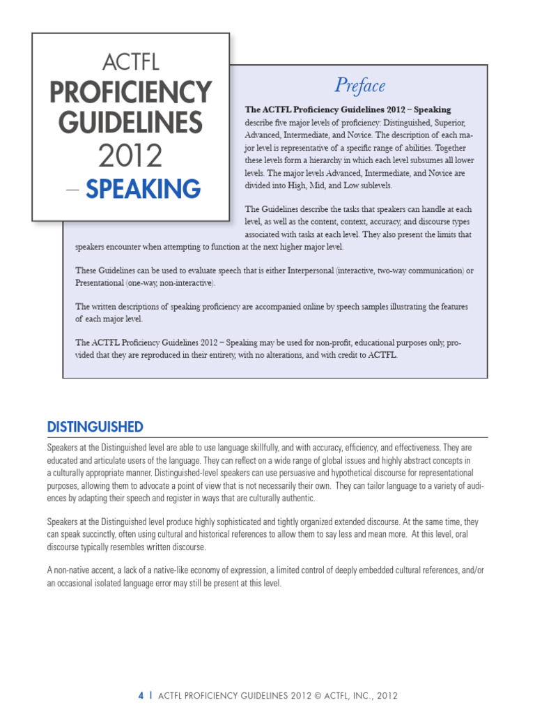 ACTFL 2012 Speaking Proficiency Levels | PDF | Vocabulary | Speech