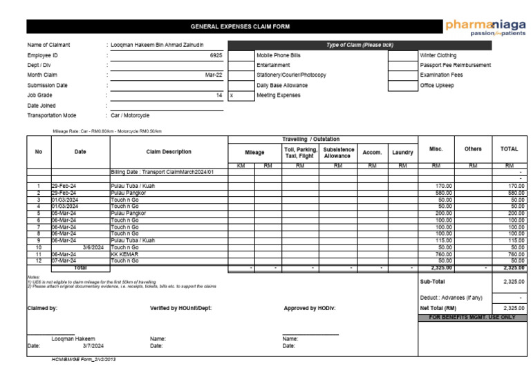 General Expenses Claim Form | PDF | Transport