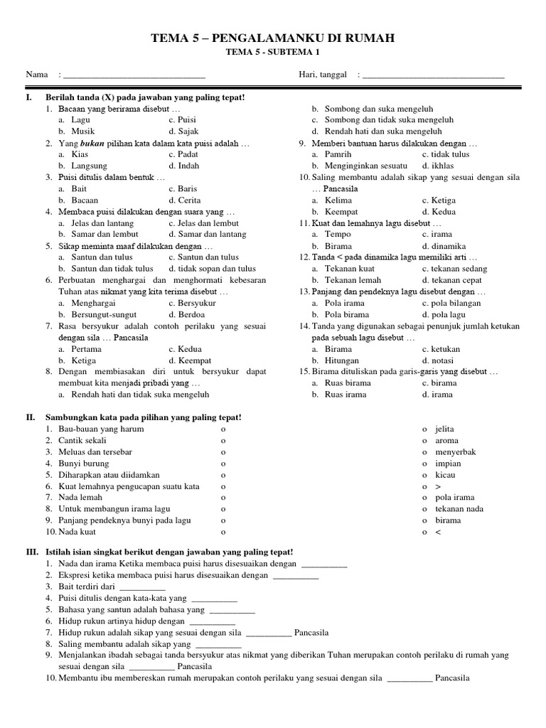 Latihan Soal Tematik Tema 5 - Pengalamanku Di Rumah (Tema 5 - Subtema I) | PDF
