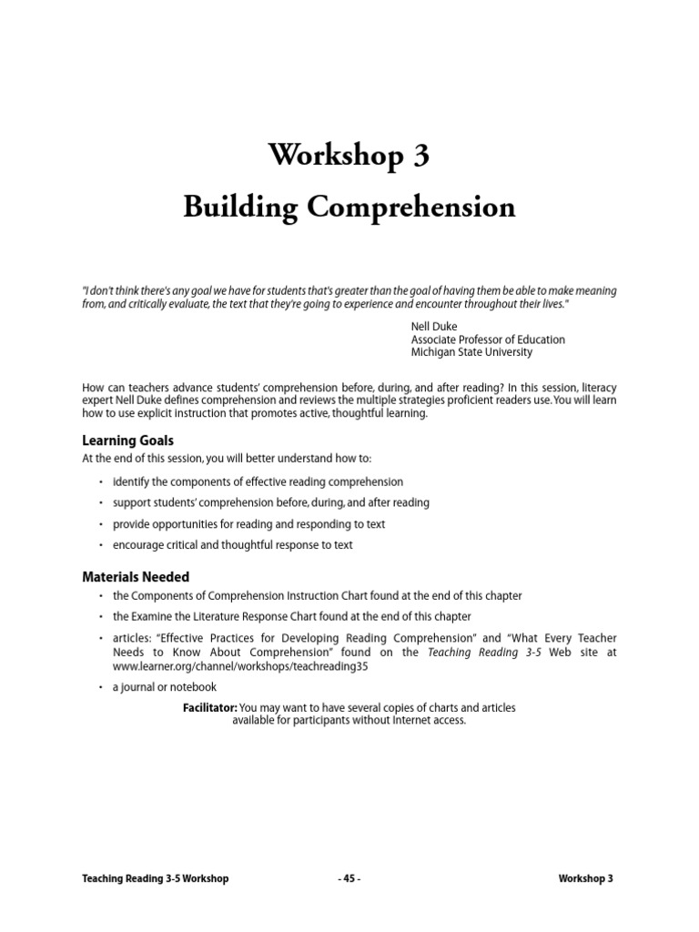 Workshop Guide 3 Building Comprehension TR - 3 Teaching Reading 3 5 ...