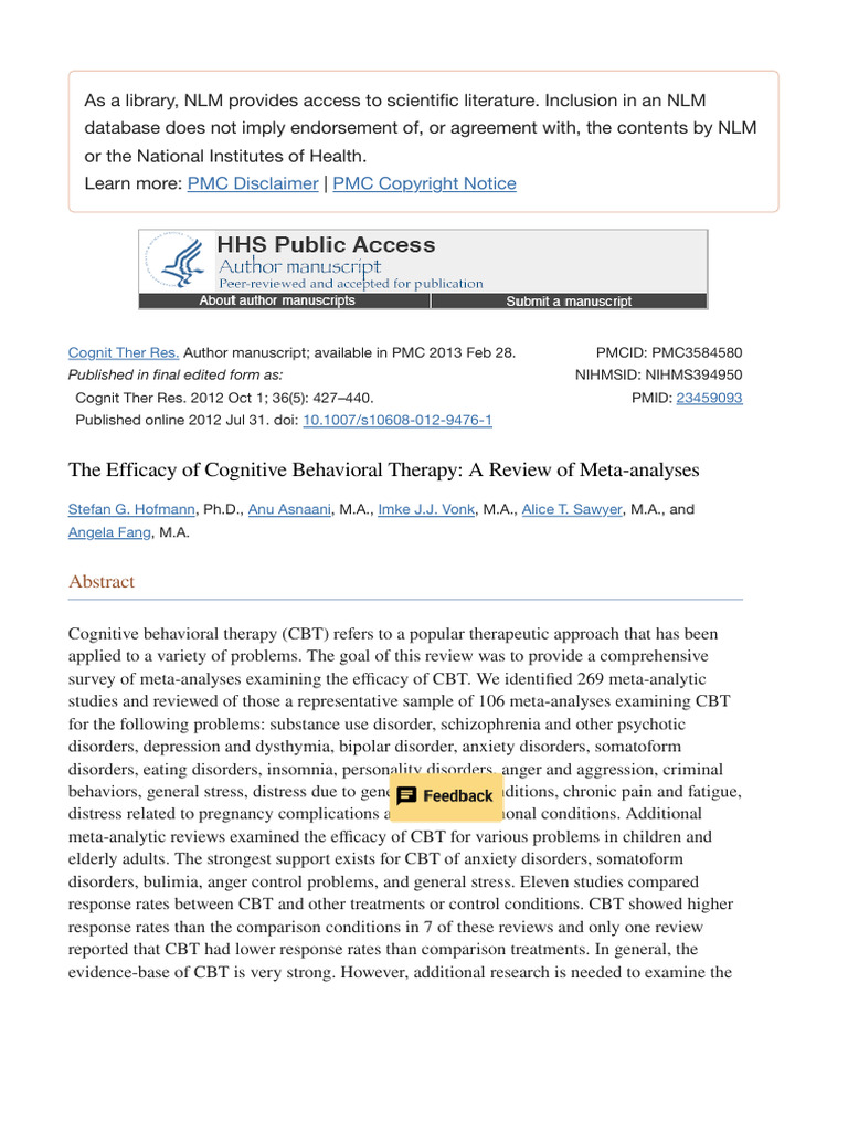 The Efficacy of Cognitive Behavioral Therapy - A Review of Meta-Analyses - PMC | PDF