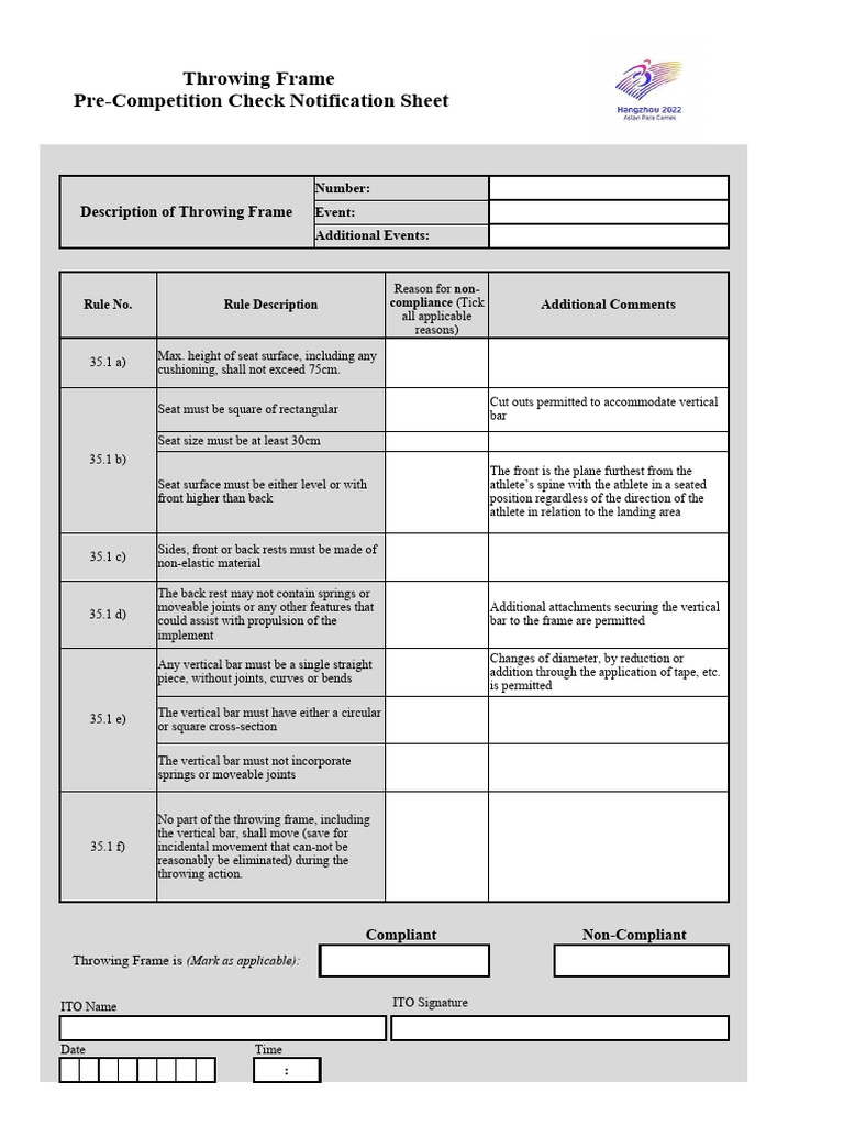 WPA 47 Throwing Frame Pre-Competition Check | PDF