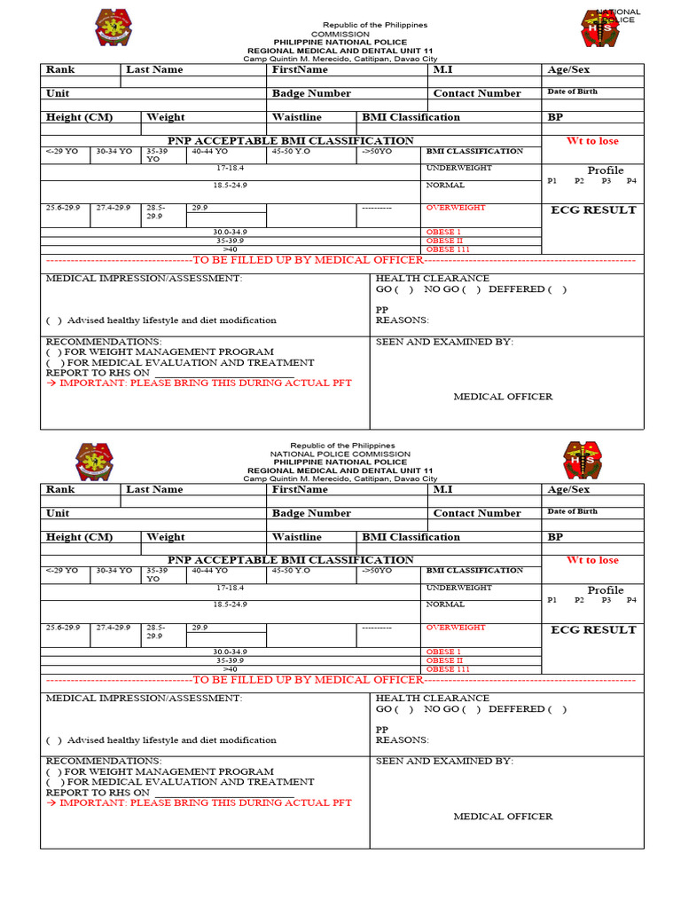 PNP Pre PFT Form Old 1 4 | PDF | Body Mass Index | Overweight