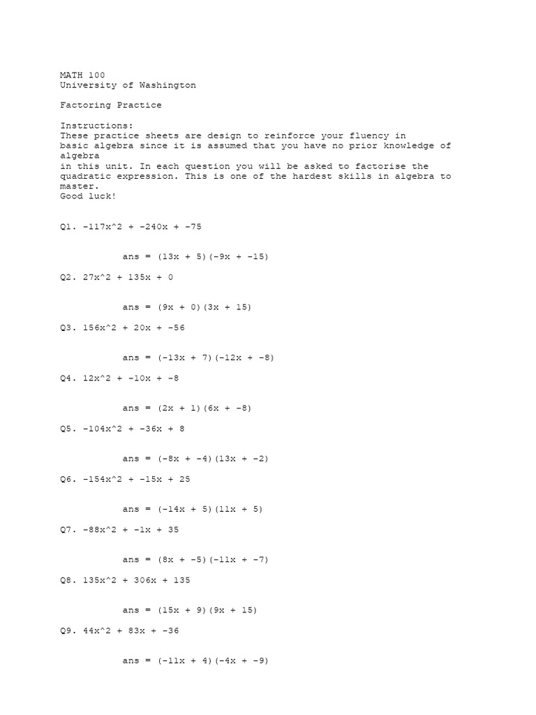 MATH100 Factoring Quadratics Practice Worksheet 3 | PDF
