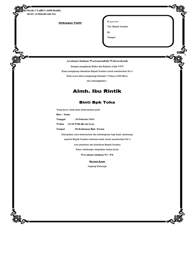 Undangan Tahlil 1000 Hari Almh. Rintik | PDF