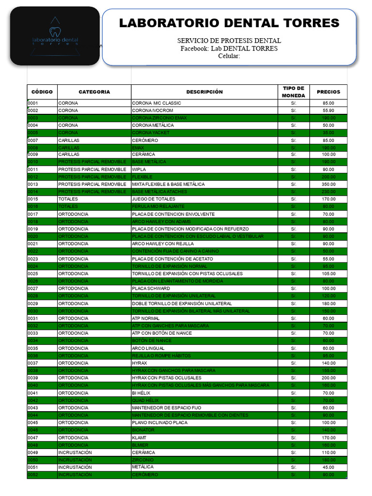 Lista de Precios Lab Dental Torres | PDF | Ortodoncia | Ramas de Odontología