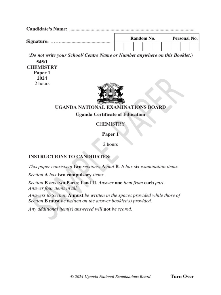 CHEM UNEB NLSC - Sample - 24 | PDF | Chlorine