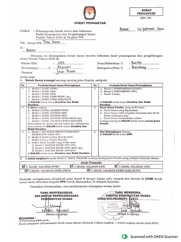 Surat Pengantar TPS Ke PPS BAROS | PDF