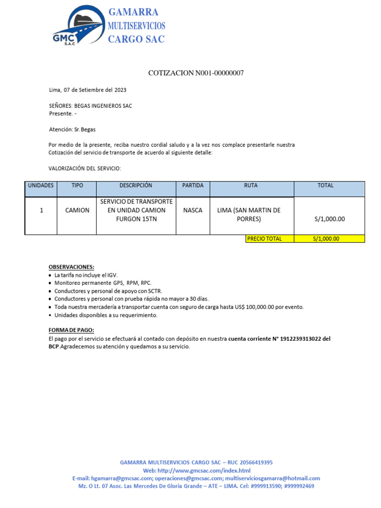 Cotizacion N001-00000007 | PDF