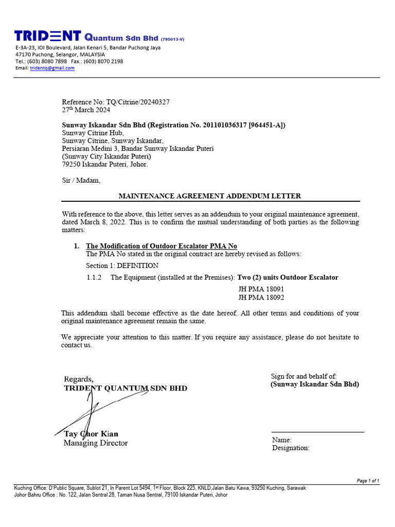 Addendum Letter - Sunway Citrine Hub | PDF