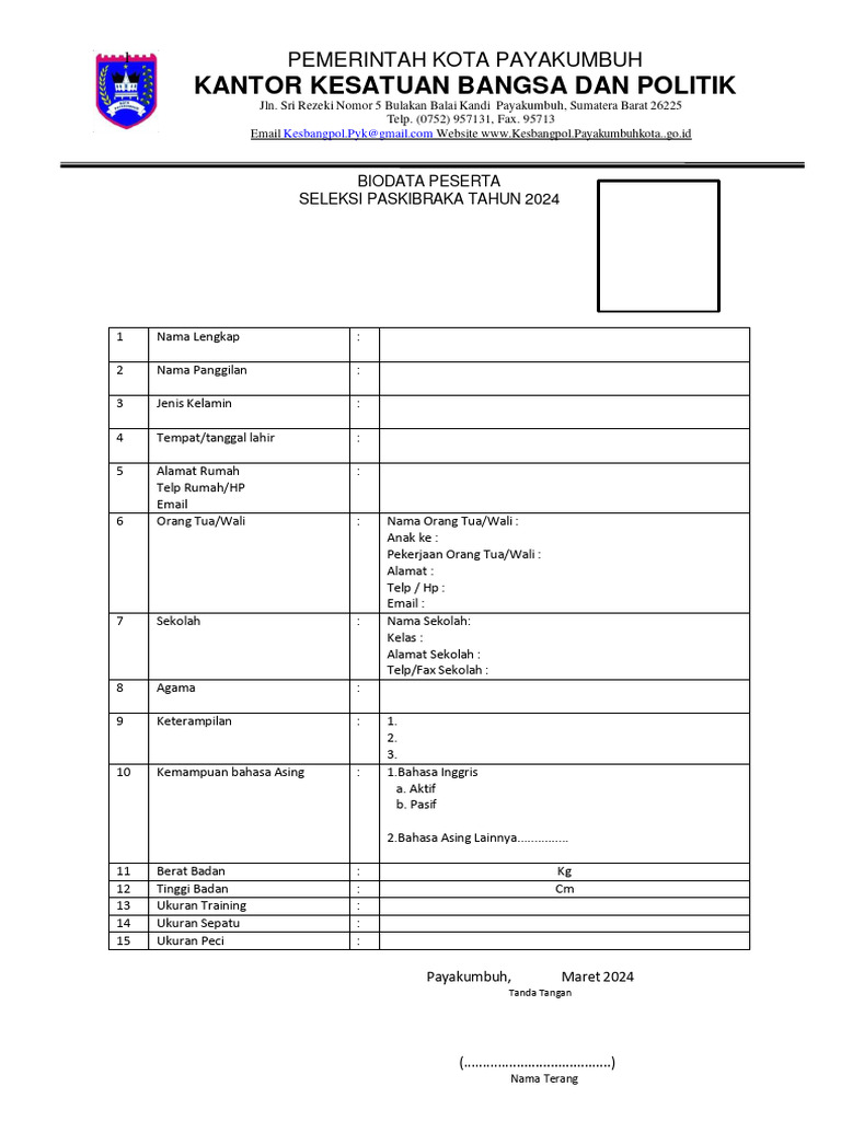Biodata Seleksi Paskibraka 2024 | PDF