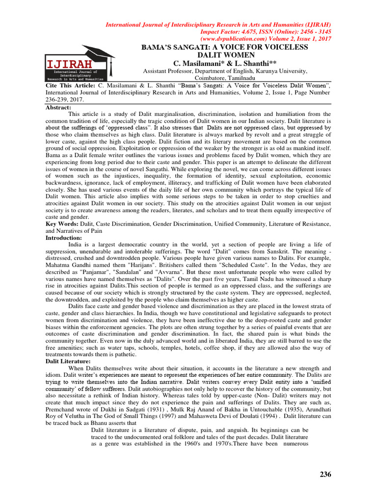 Bama'S Sangati: A Voice For Voiceless Dalit Women C. Masilamani & L. Shanthi | PDF