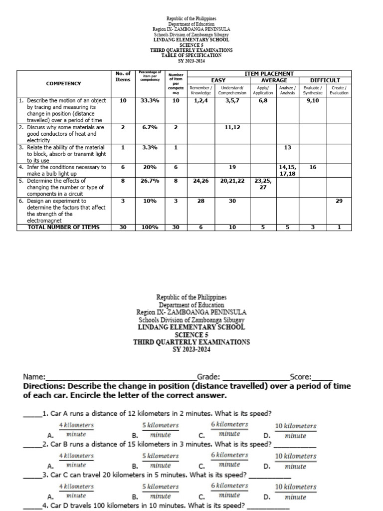 PT SCIENCE-5 Q3-Edited | PDF | Speed | Electricity