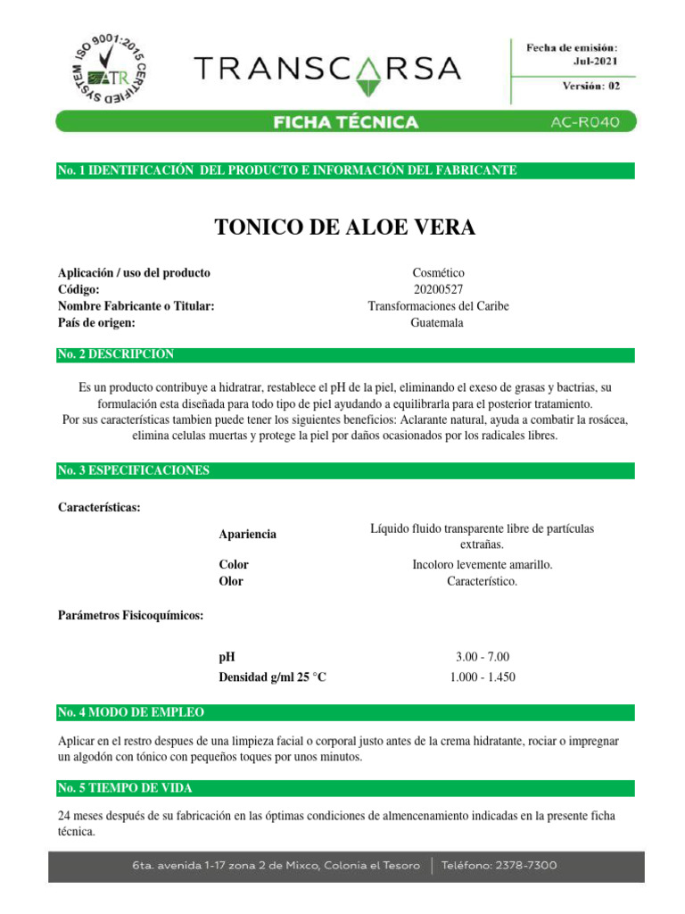 Ficha Tecnica de Aloe Vera | PDF