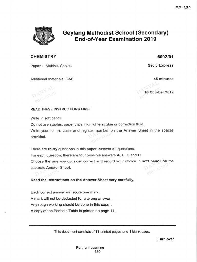 Geylang Methodist School EOY 2019 Sec 3 Pure Chemistry | PDF