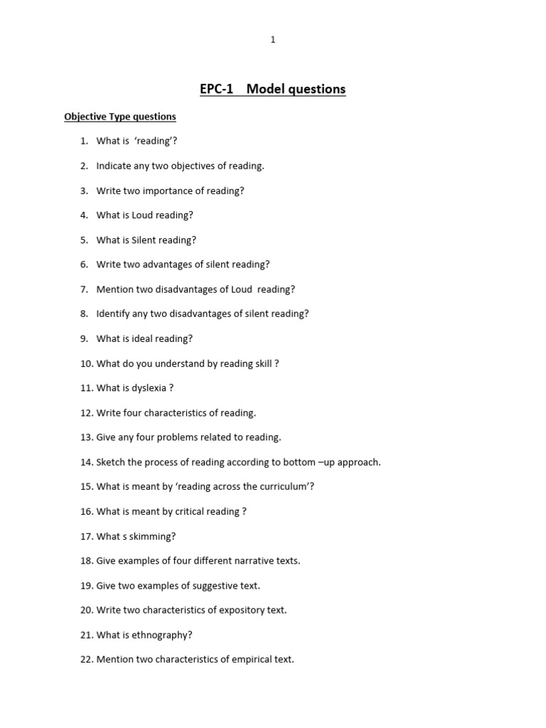 EPC Model Question | PDF | Reading Comprehension | Liberal Arts Education