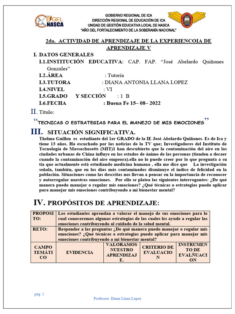 ACTIVIDAD DE Aprendizaje 2 EXP 5 III BIMESTRE MANEJO DE EMOCIONES | Descargar gratis PDF | Las ...