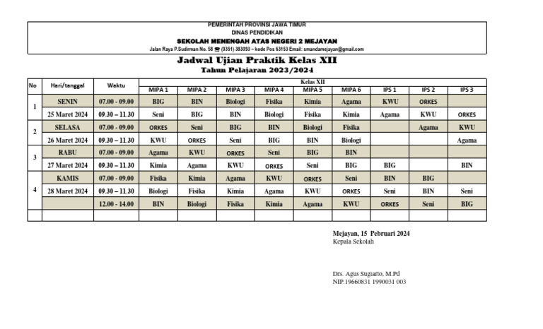 Jadwal Mapel Usp Praktik 2024 | PDF