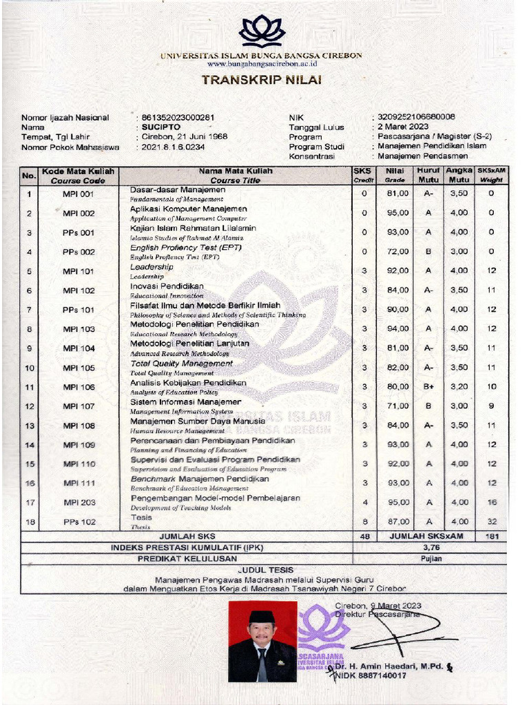 Transkrip Nilai S2 | PDF