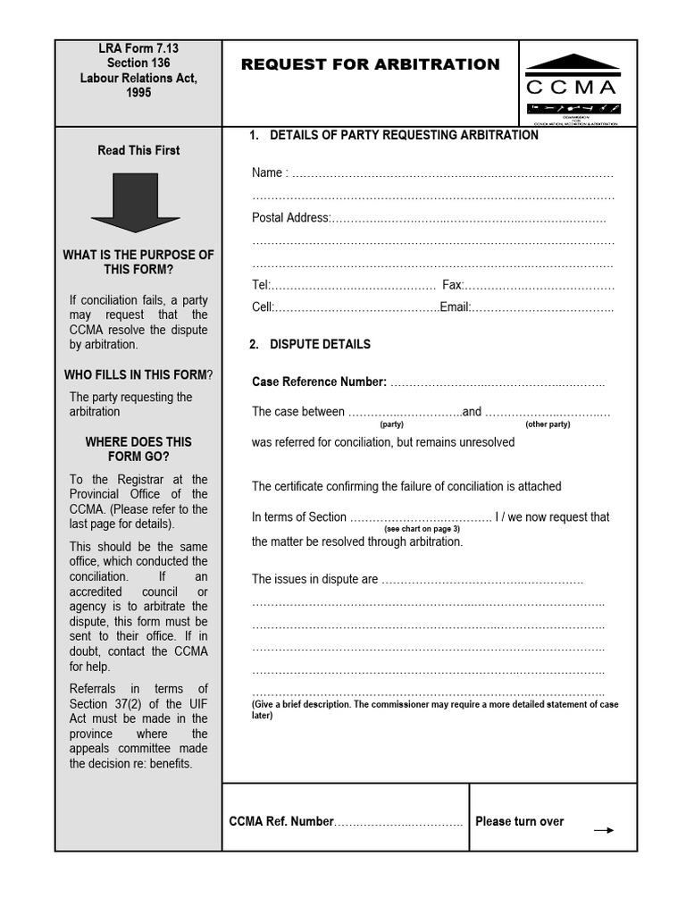 CCMA LRA Form 7.13: Arbitration Request | PDF | Justice | Crime & Violence