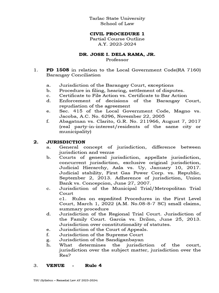 TSU Syllabus Remedial Law AY 2023 2024 | PDF