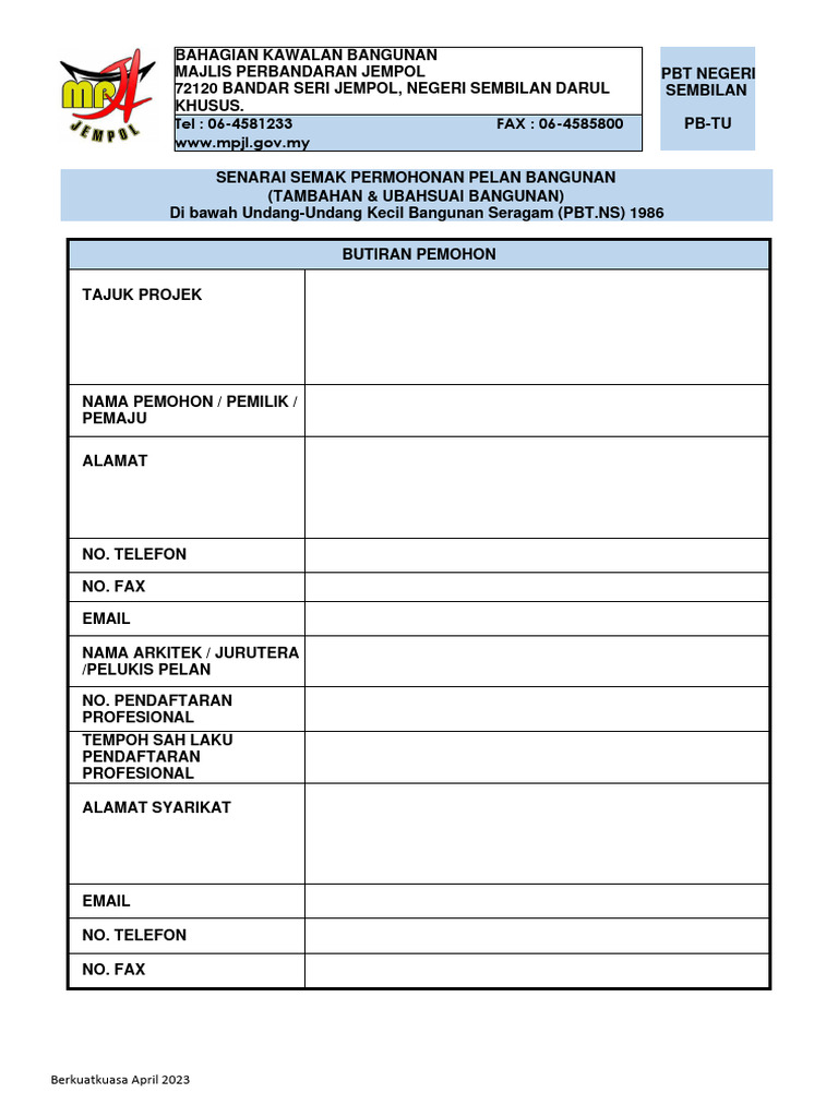 Borang Pelan Tambahan Ubahsuai Bangunan MPJL | PDF